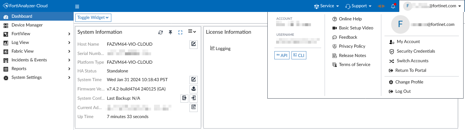 Using the FortiAnalyzer Cloud toolbar | FortiAnalyzer Cloud 7.4.3 | Fortinet Document Library
